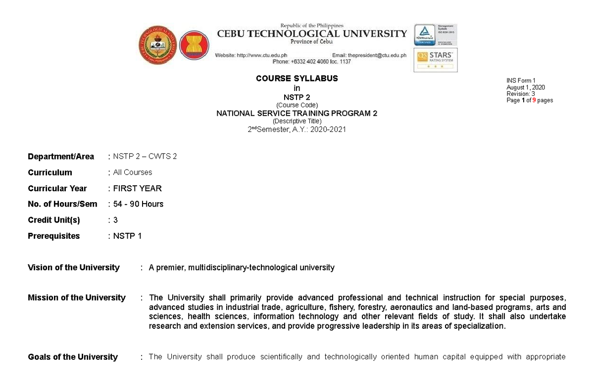 NSTP 2: Comprehensive Syllabus for 2nd Semester A.Y. 2021-2022 - Studocu