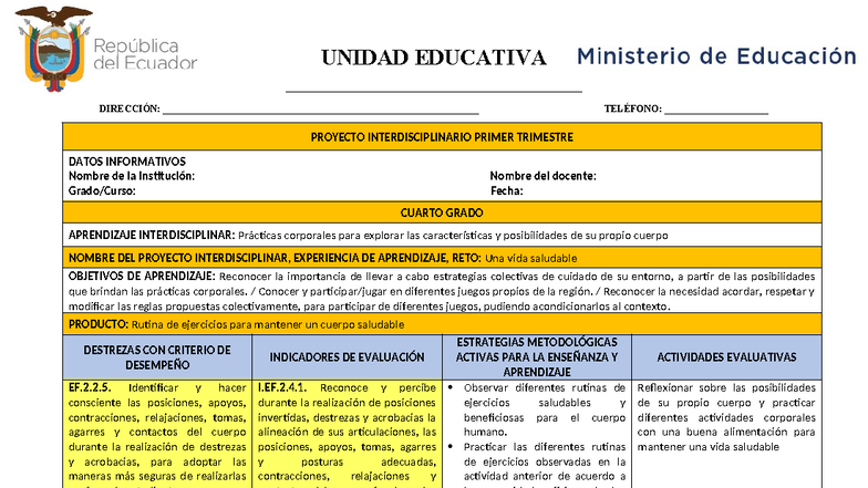 4to Grado Proyecto Interdisciplinario EEFF 1er Trimestre: Vida ...