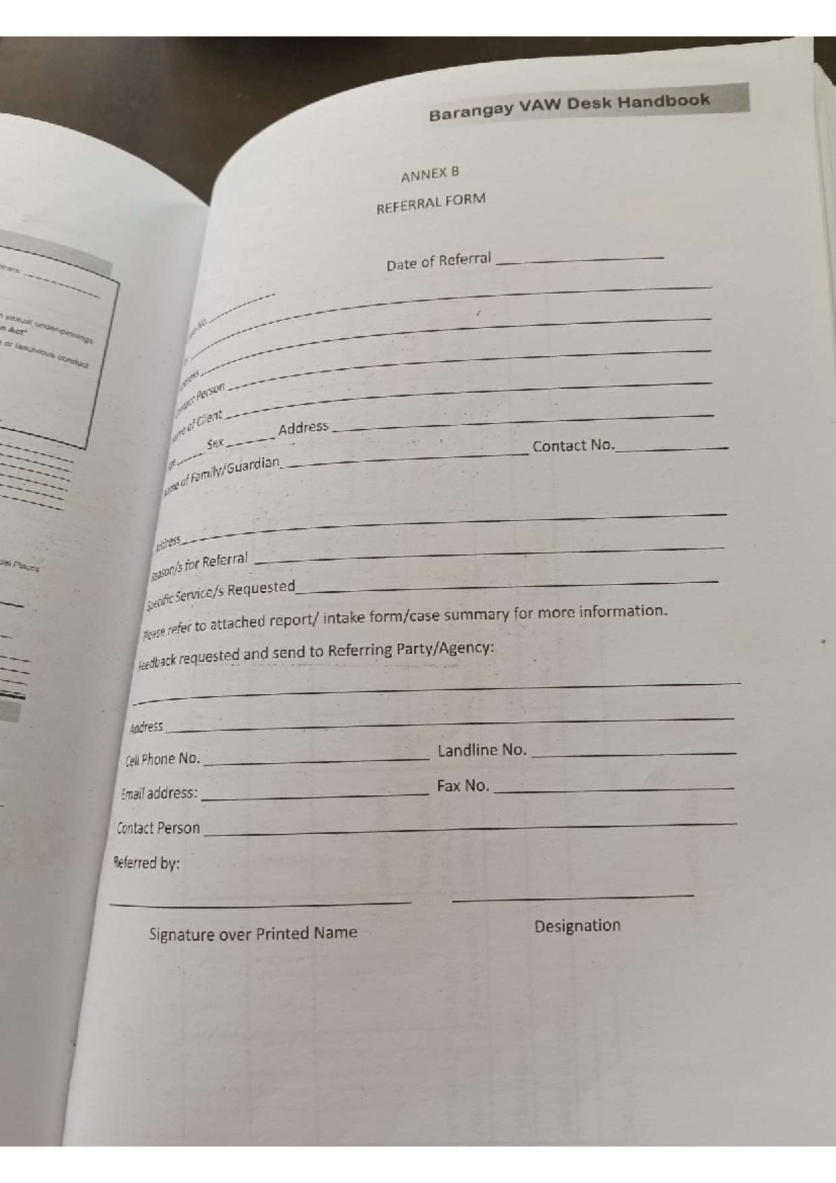 Barangay VAW Desk Handbook: ANNEX B Referral Form for VAWC - Studocu