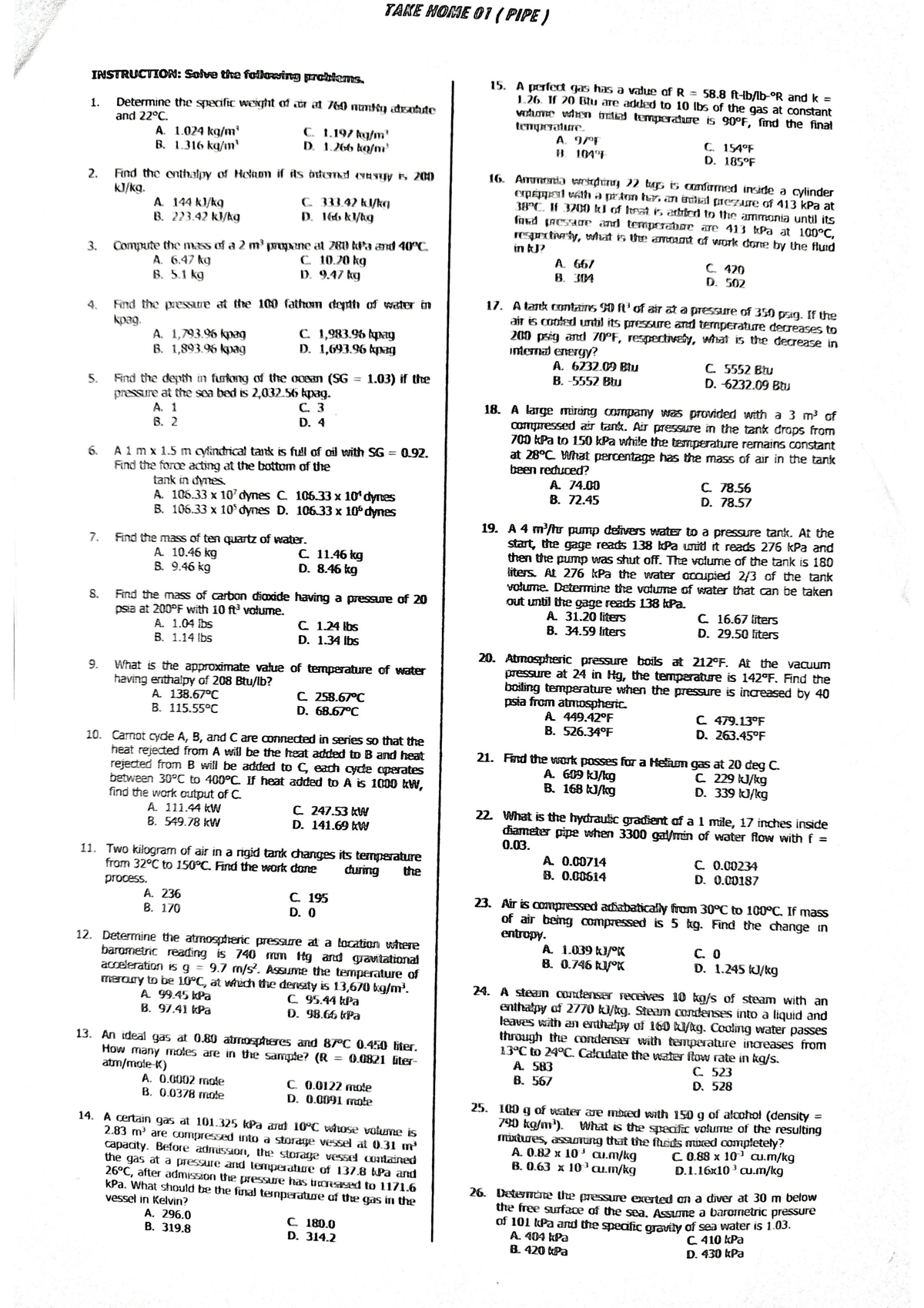 Take Home 01 (PIPE) - Practice problems - TAKE HOME 01 (PIPE) INSTRUCTION: Solve the following ...
