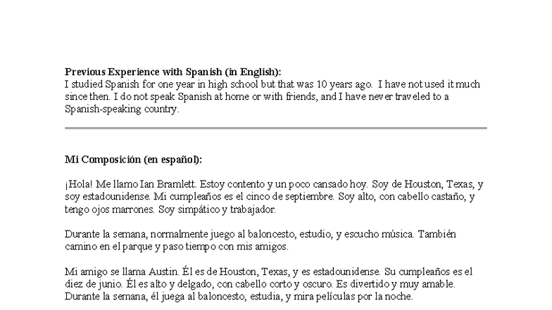 Spanish 1 Class Assignment 1: Personal Experiences and Descriptions ...