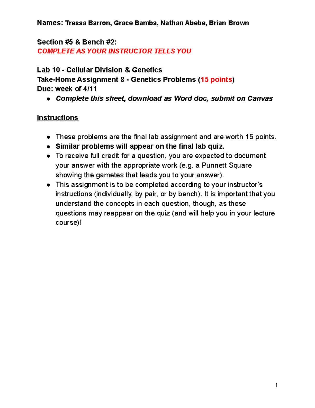 Take-Home Assignment 8 - Genetics Problems - Section #5 & Bench #2 ...
