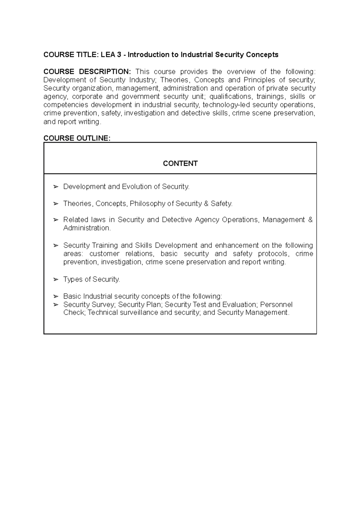 LEA 3 - Course Outline: Introduction to Industrial Security Concepts - Studocu