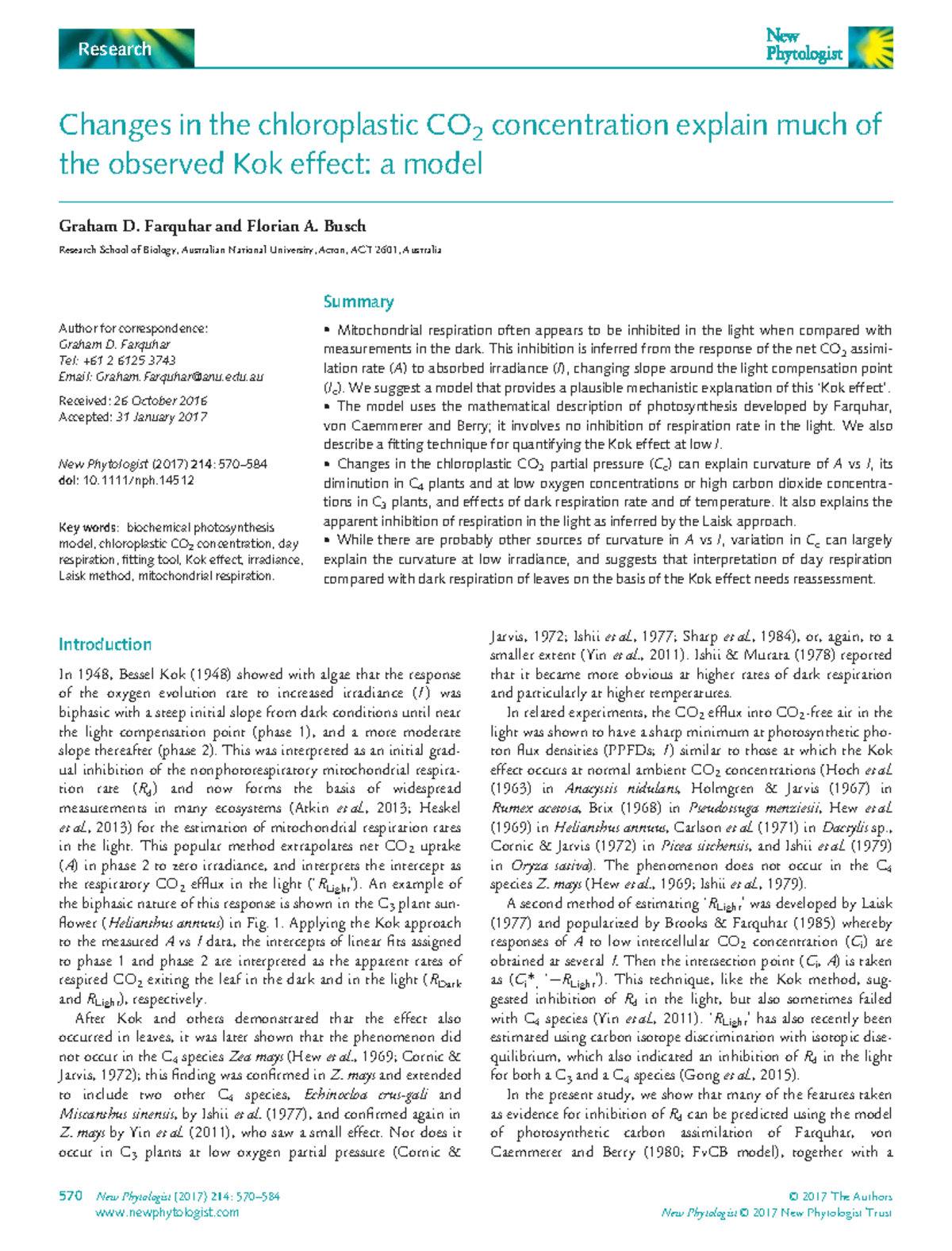 Changes in Chloroplastic CO2 Concentration and the Kok Effect Model ...