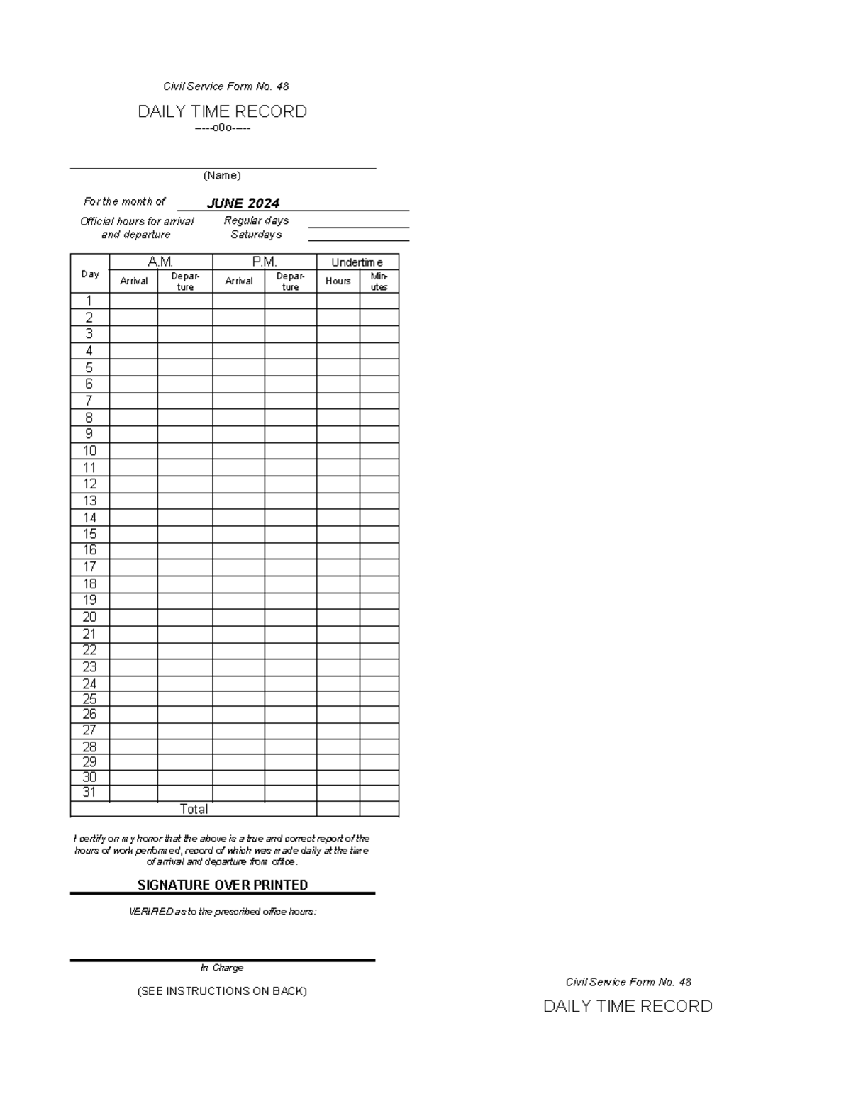 Civil Service Form No. 48 DTR Template for June 2024 - Studocu