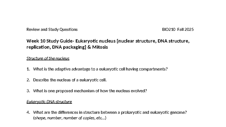 Week 10 Study Guide for BIO210: Eukaryotic Nucleus & Mitosis - Studocu