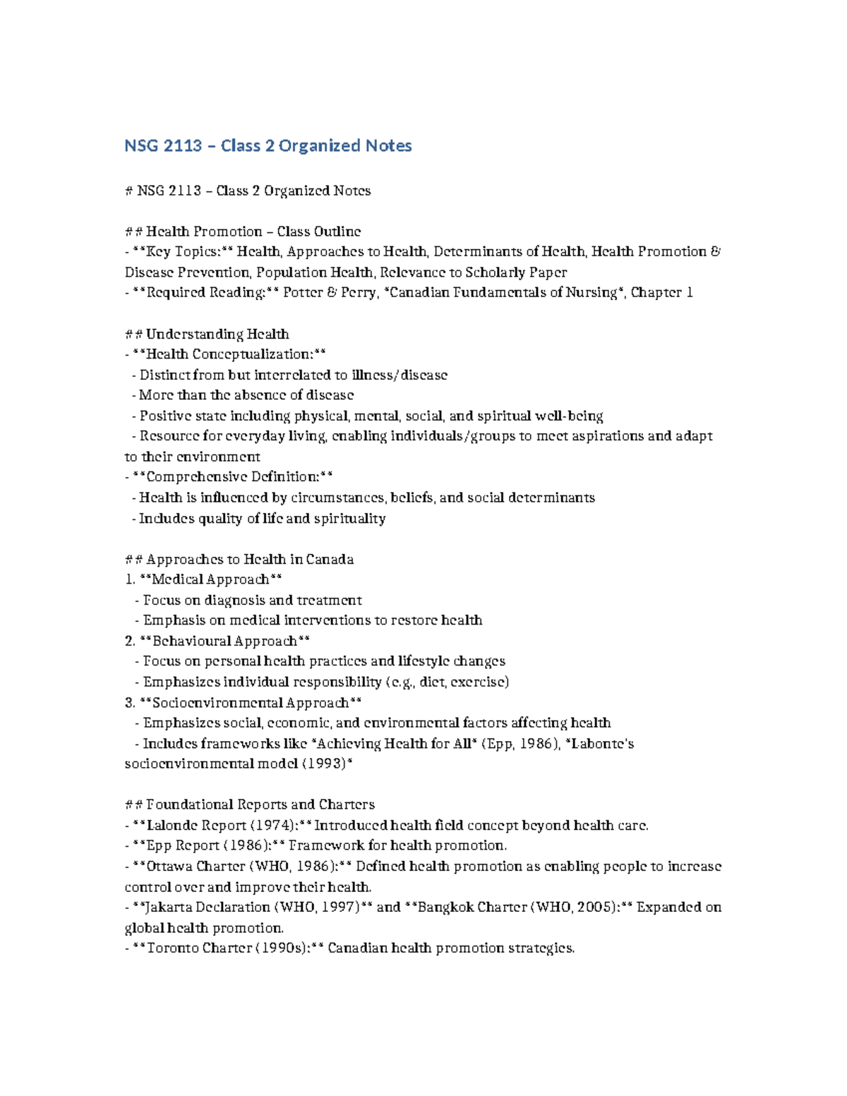 NSG 2113 Class 2 Organized Notes on Health Promotion and Nursing - Studocu