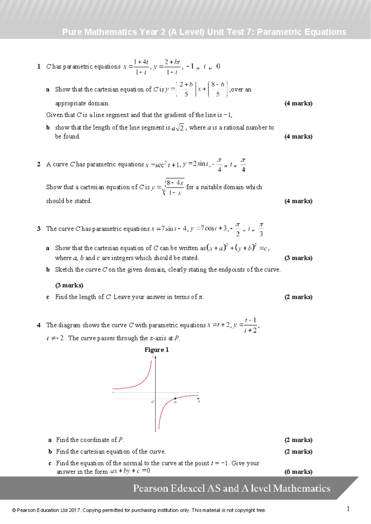 AL Maths Pure Unit 7 Test: Parametric Equations and Curves Analysis ...