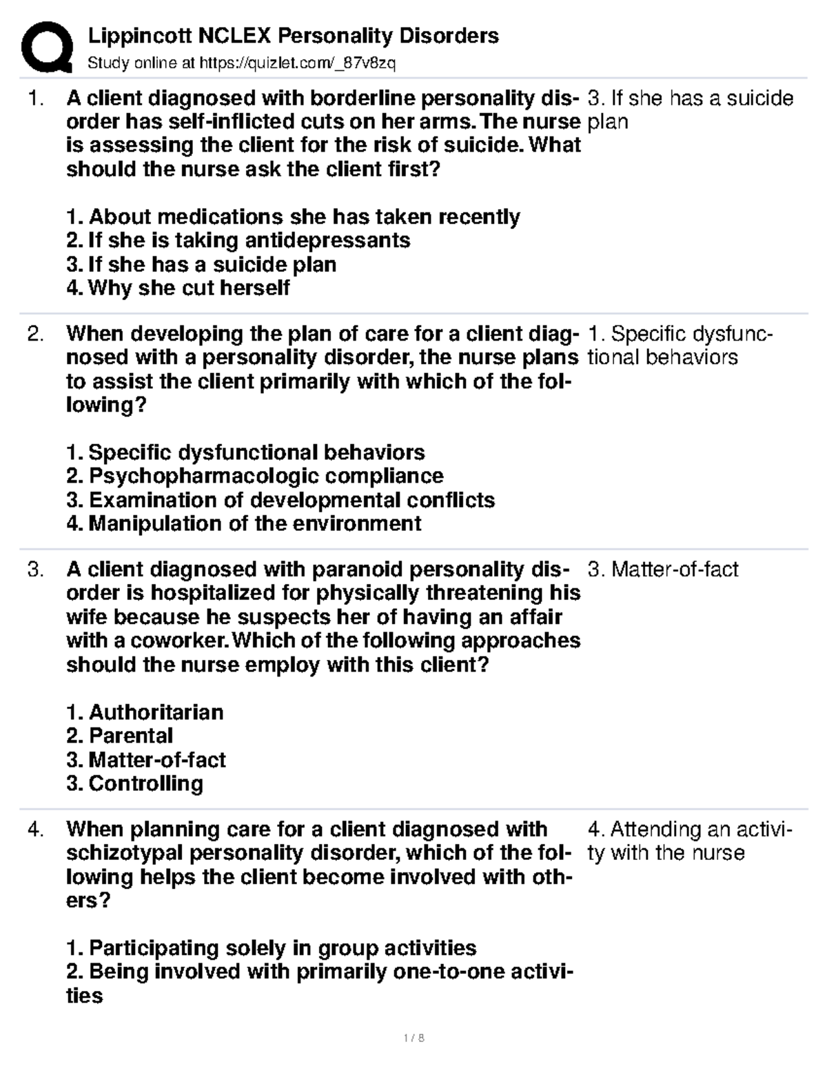 Lippincott NCLEX Personality Disorders Study Guide - Studocu