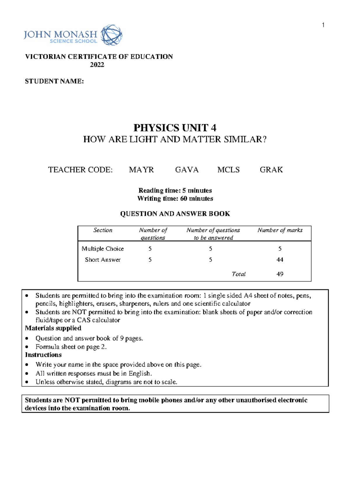 2022 VCE Physics Unit 4 SAC: Light and Matter Exam Guide - Studocu