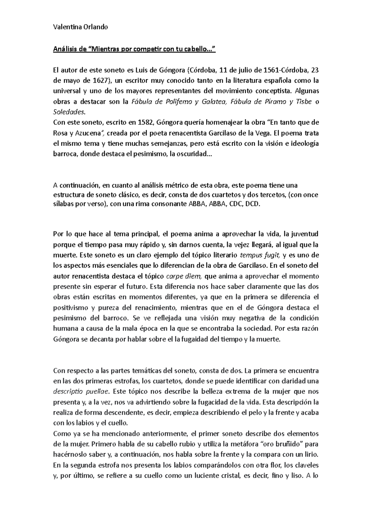 Análisis del Soneto de Góngora: "Mientras por competir con tu cabello ...