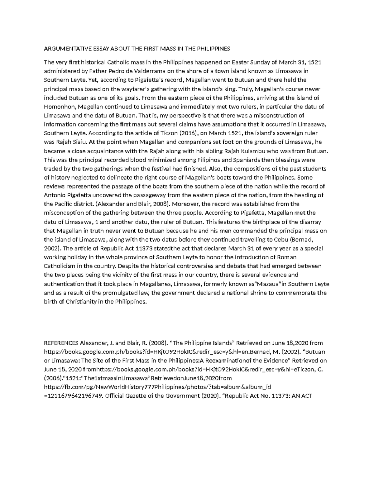 Argumentative Essay on the First Mass in the Philippines: Historical ...