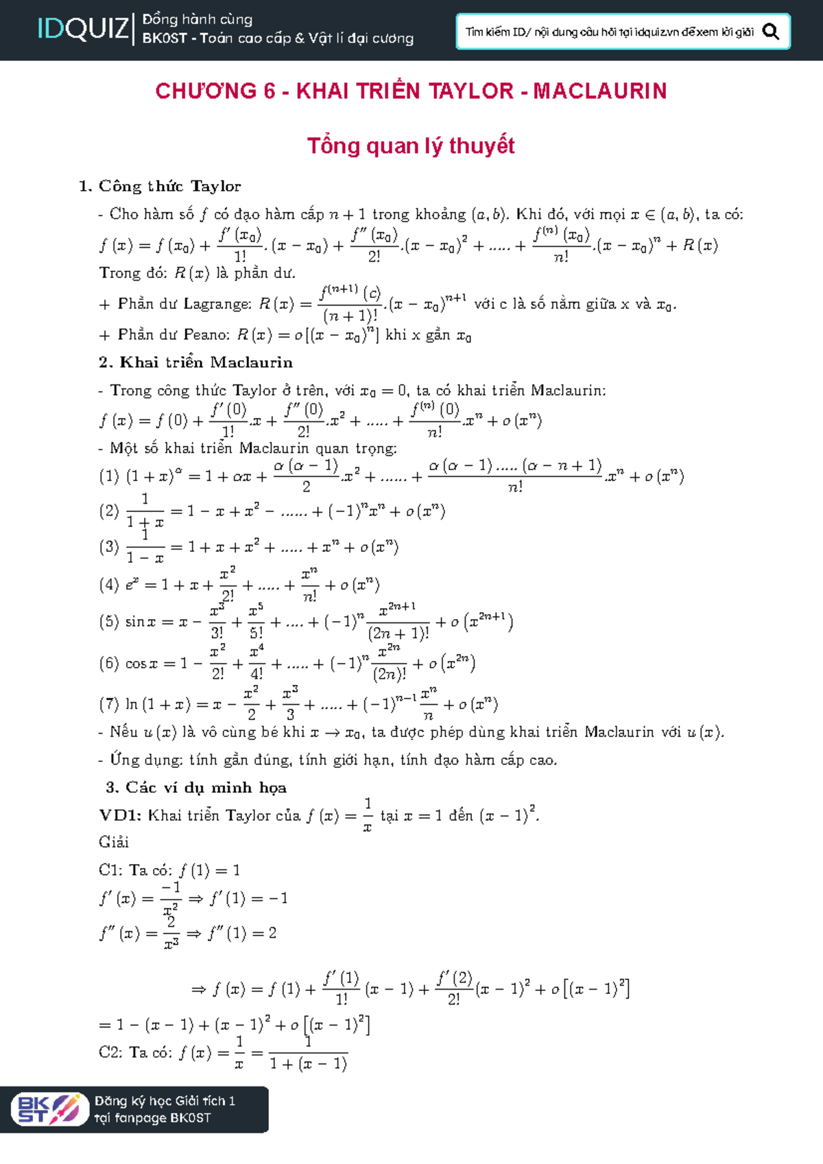 Chương 6 - Khai triển Taylor và Maclaurin - BK0ST Toán cao cấp - Studocu