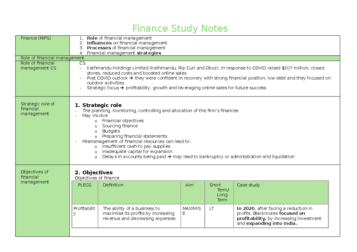 Finance Study Notes (RIPS): Financial Management Strategies & Case ...