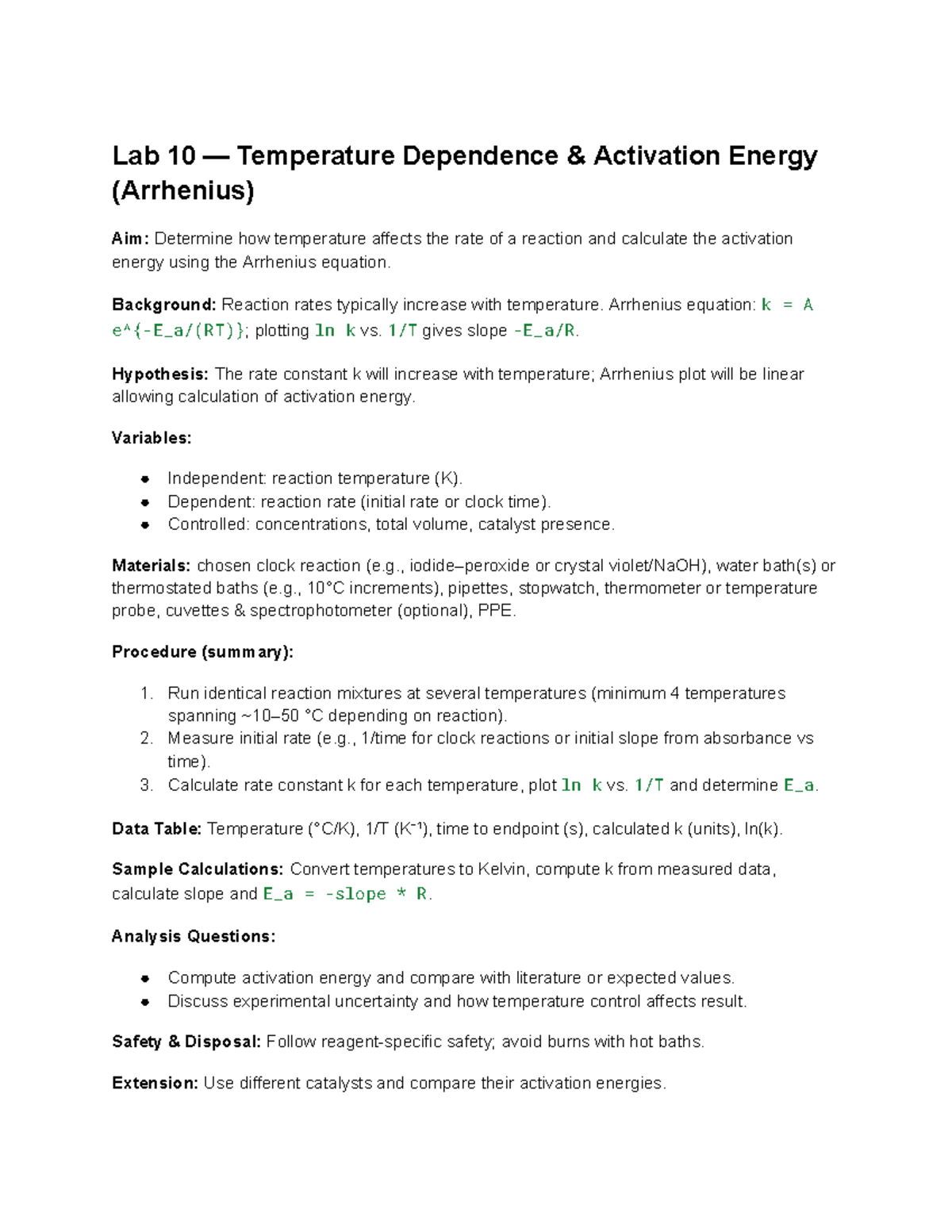 Lab 10: Temperature Dependence & Activation Energy (Arrhenius) - Studocu