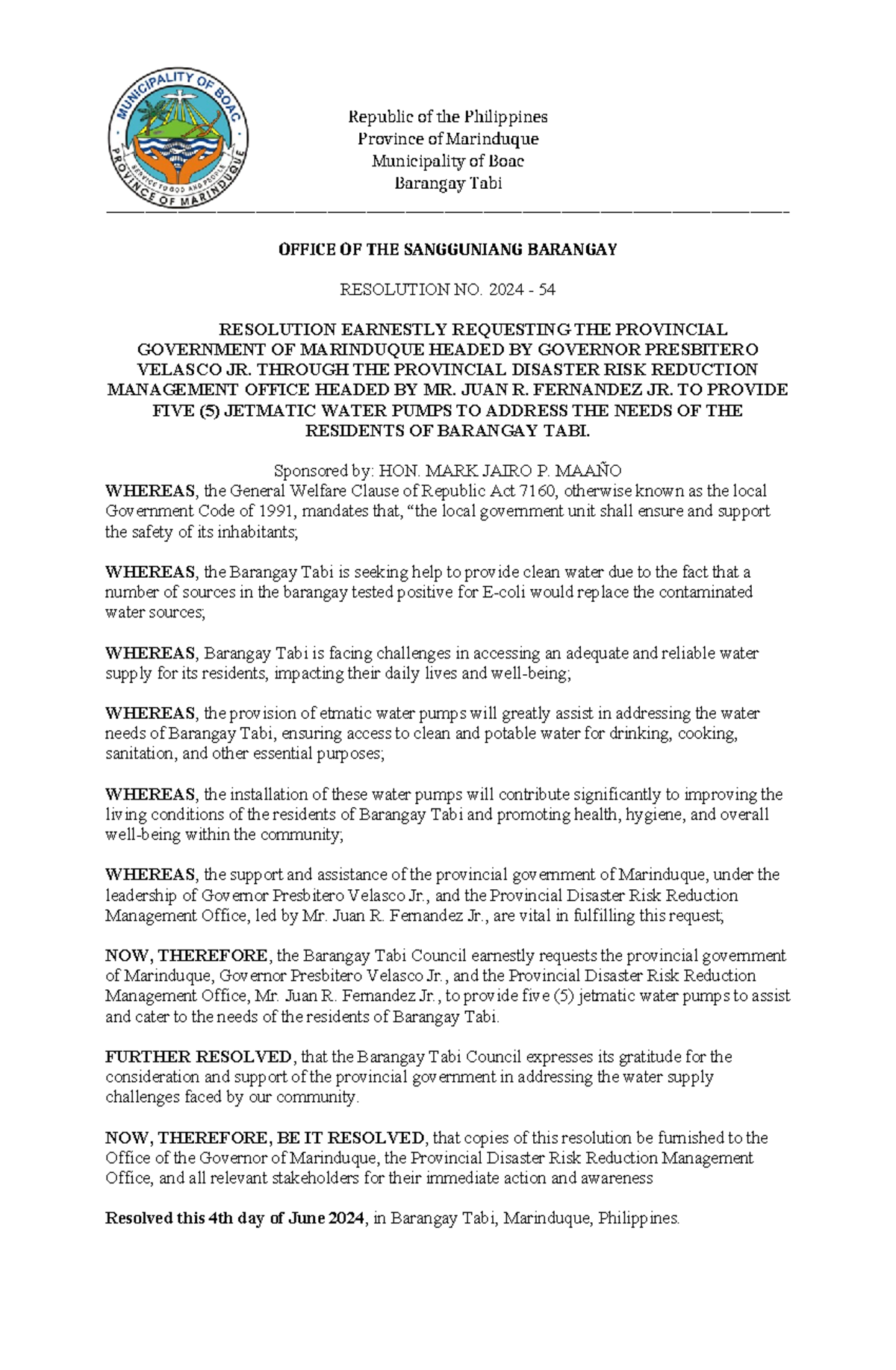 Barangay Tabi Resolution No. 2024-54: Request for Jetmatic Pumps - Studocu