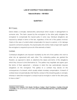 Chapter 3 - Chapter 3: − Basis of modern SA law: o Will theory = subjective consensus o Reliance ...