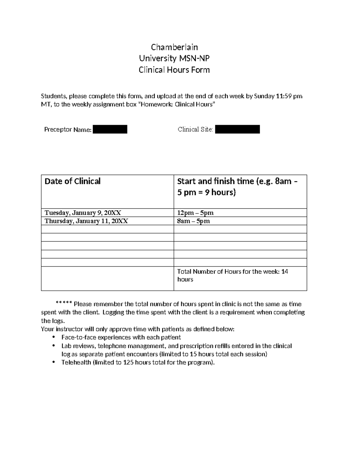 NR 667 Week 1 Homework; Clinical Hours - Chamberlain University MSN-NP ...