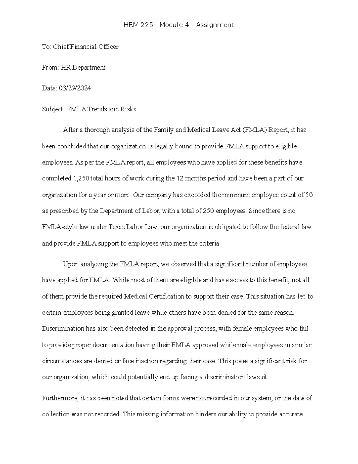 HRM 225 - Module 4 Assignment: FMLA Trends & Risks Analysis - Studocu