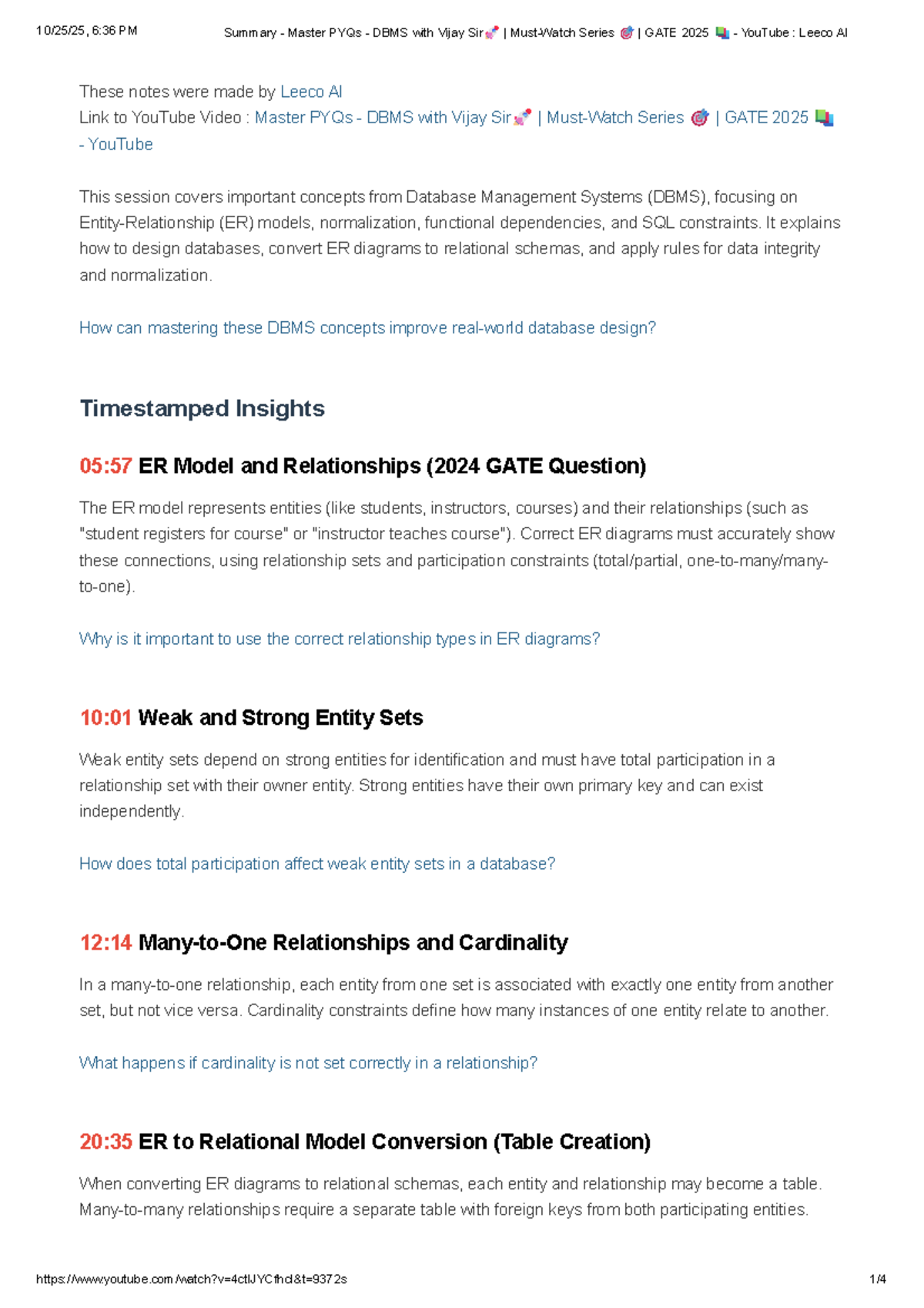 Master PYQs DBMS with Vijay Series GATE 2025 - YouTube Summary - Studocu
