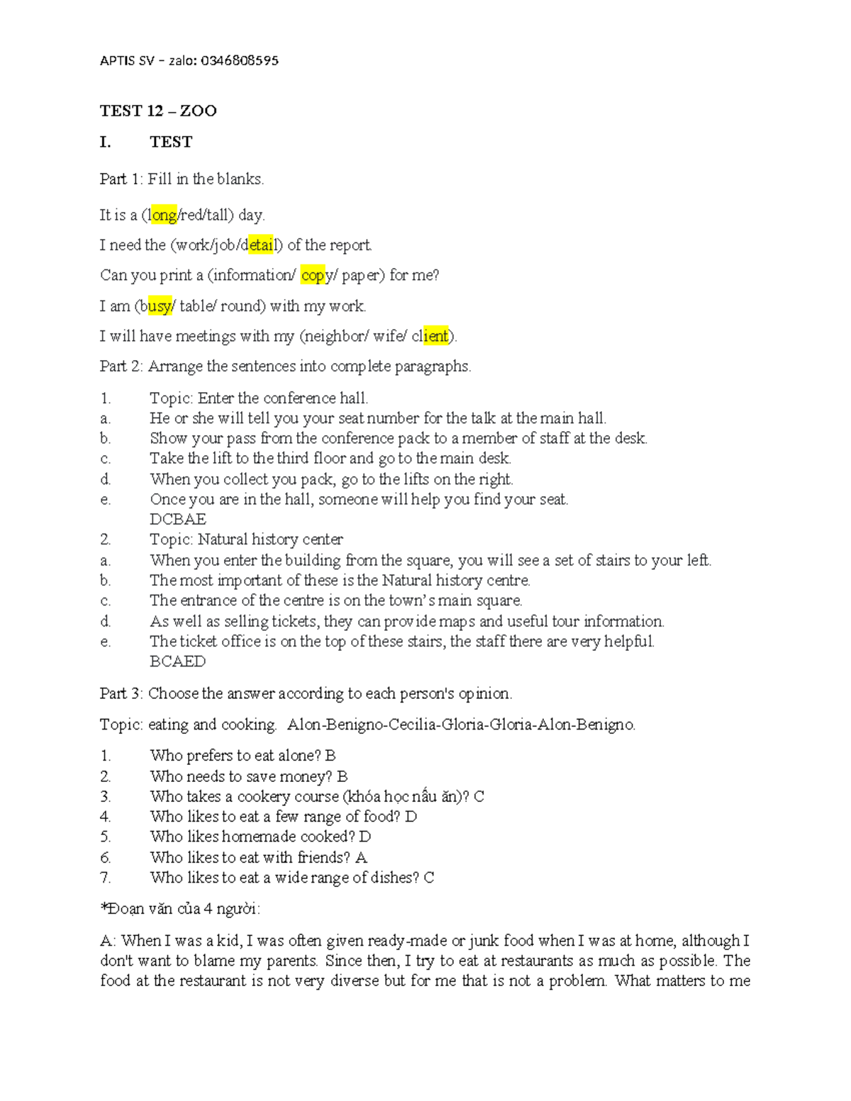 APTIS SV 0346808595 TEST 12: Reading Comprehension on Zoo - Studocu