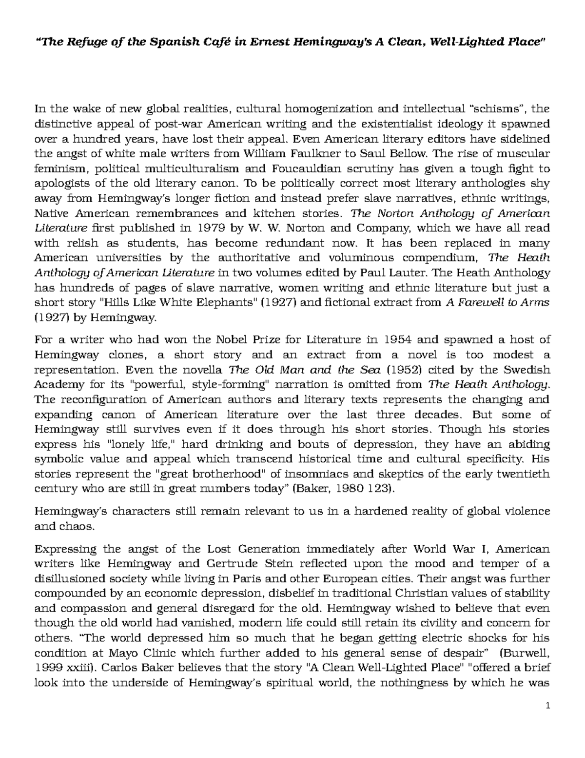 HUM 202: Analysis and Interpretation of Hemingway's A Clean, Well ...