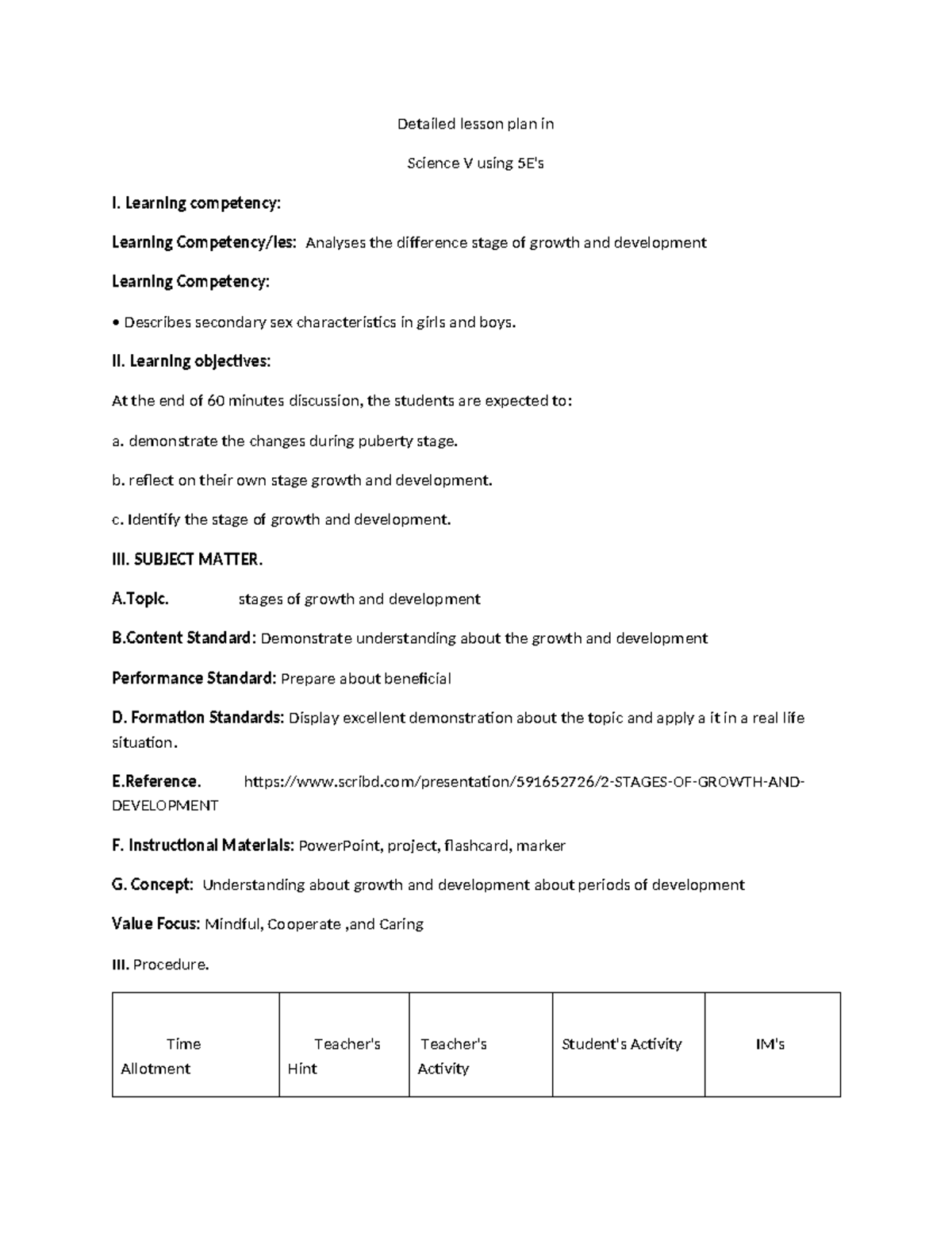 Detailed lesson plan for Science 7S: Stages of growth and development ...