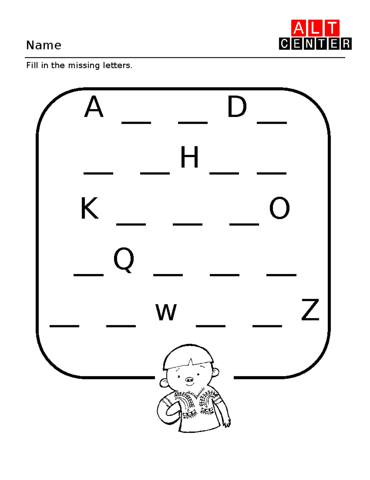 Alphabet Knowledge Worksheets - Fill in the missing letters. A __ __ D ...