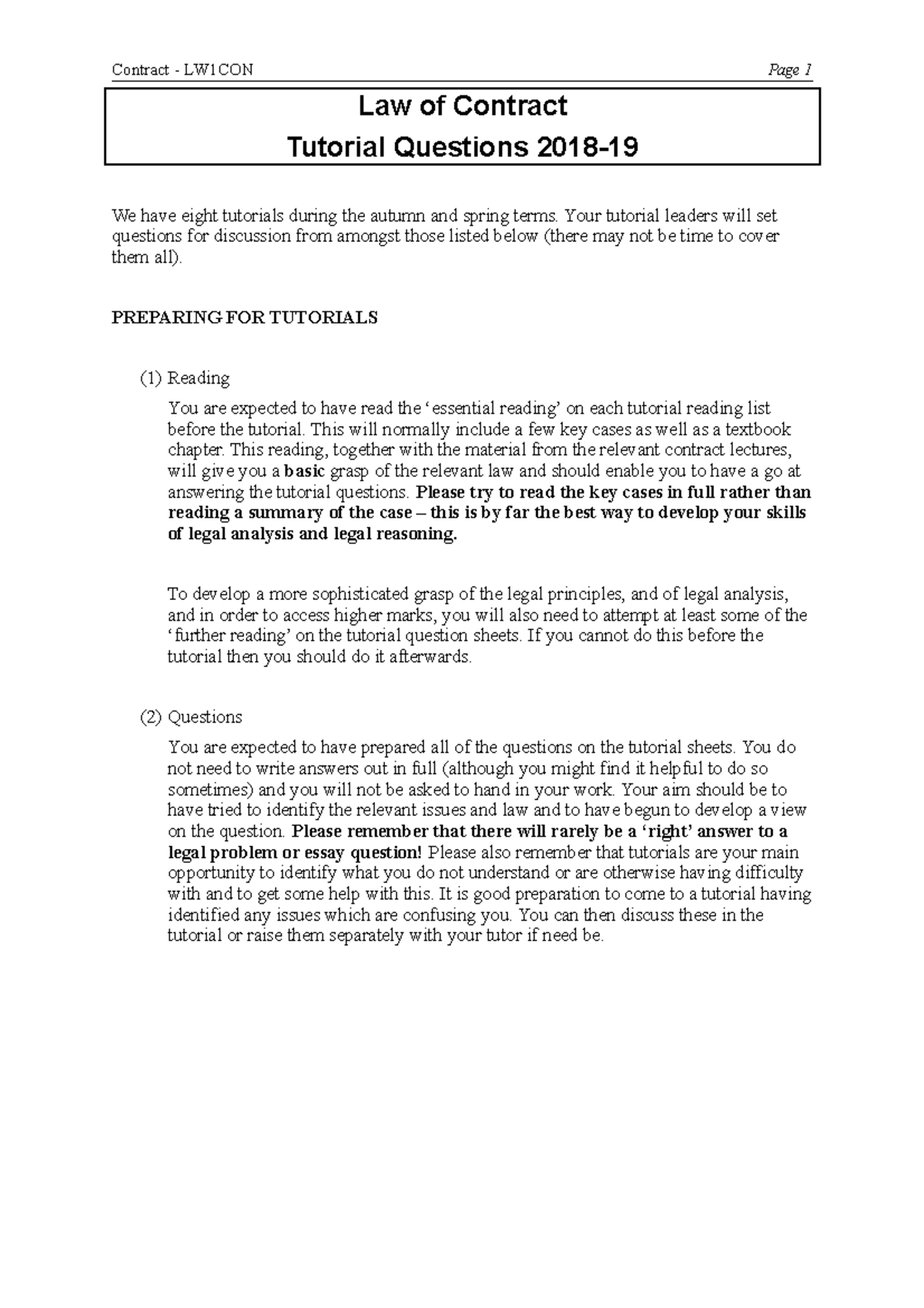 Contract Tutorials 2018-9 - Contract - LW1CON Page 1 Law of Contract ...