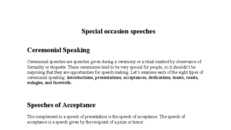 Ceremonial Speeches: Types, Tips, and Techniques (Comm 101) - Studocu
