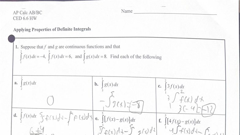 AP Calc CED 6.6 HW: Applying Definite Integral Properties - Studocu