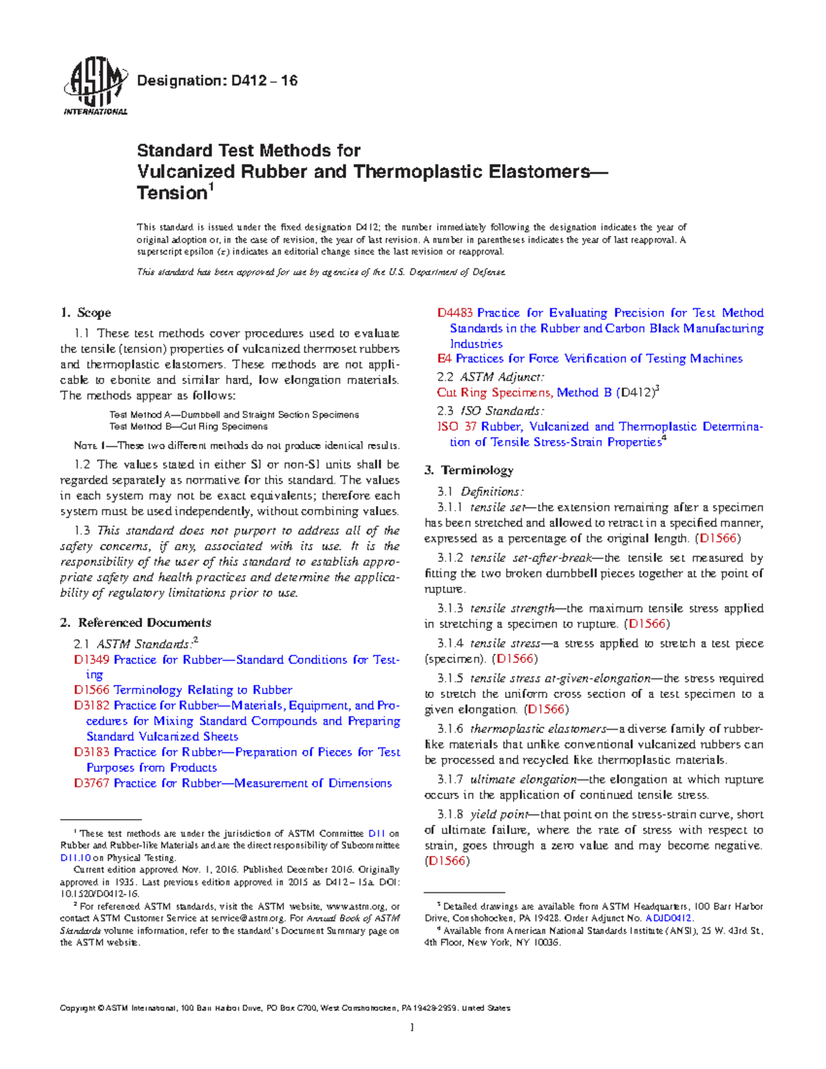ASTM D412 16 Standard Test Methods for Rubber & Thermoplastic Tension ...