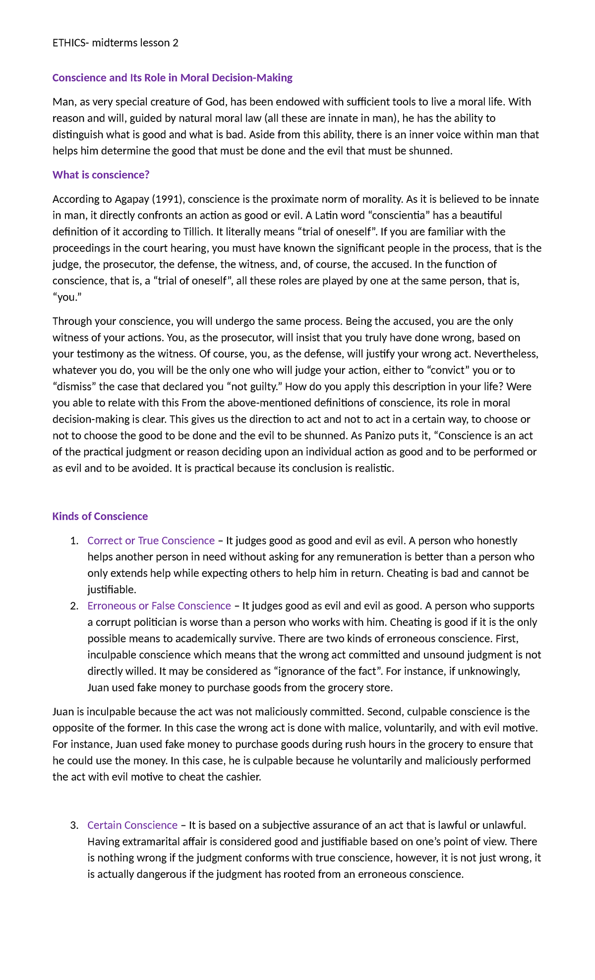 Ethics Midterm - Lesson 2: Understanding Conscience and Morality - Studocu