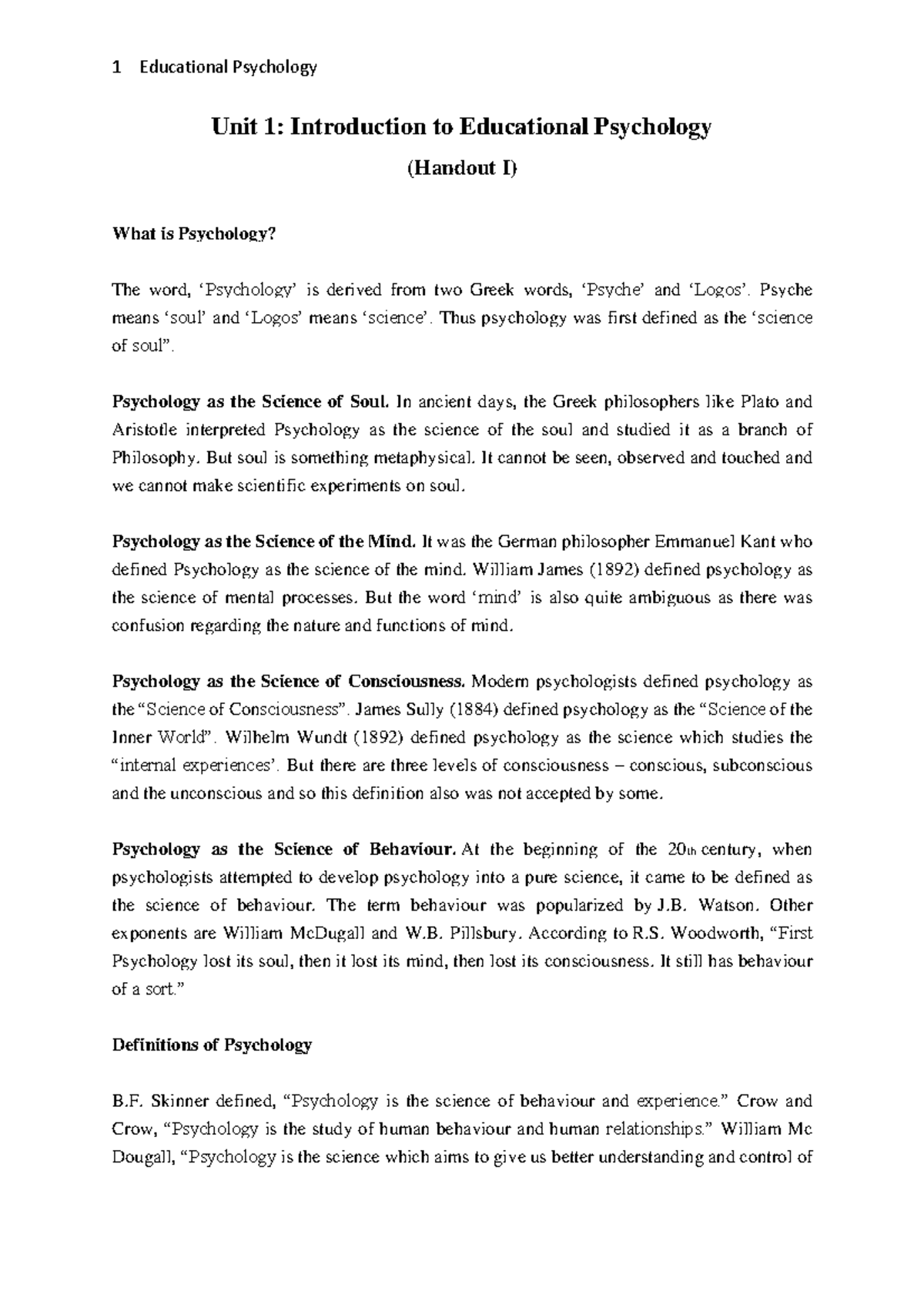 EDU 101: Unit 1 - Introduction to Educational Psychology Handout - Studocu