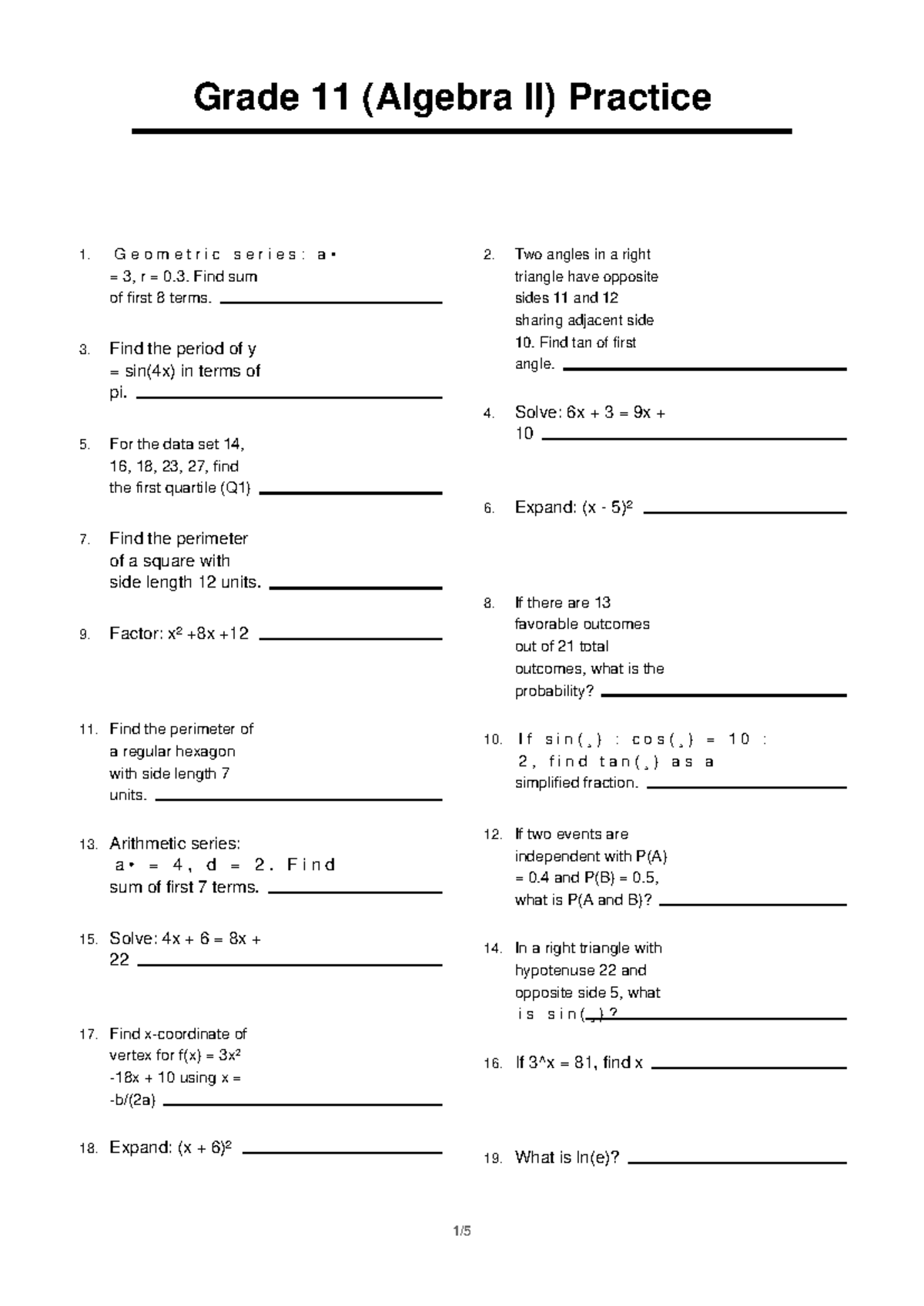 Grade 11 (Algebra II) Practice 3: Geometric & Arithmetic Series ...