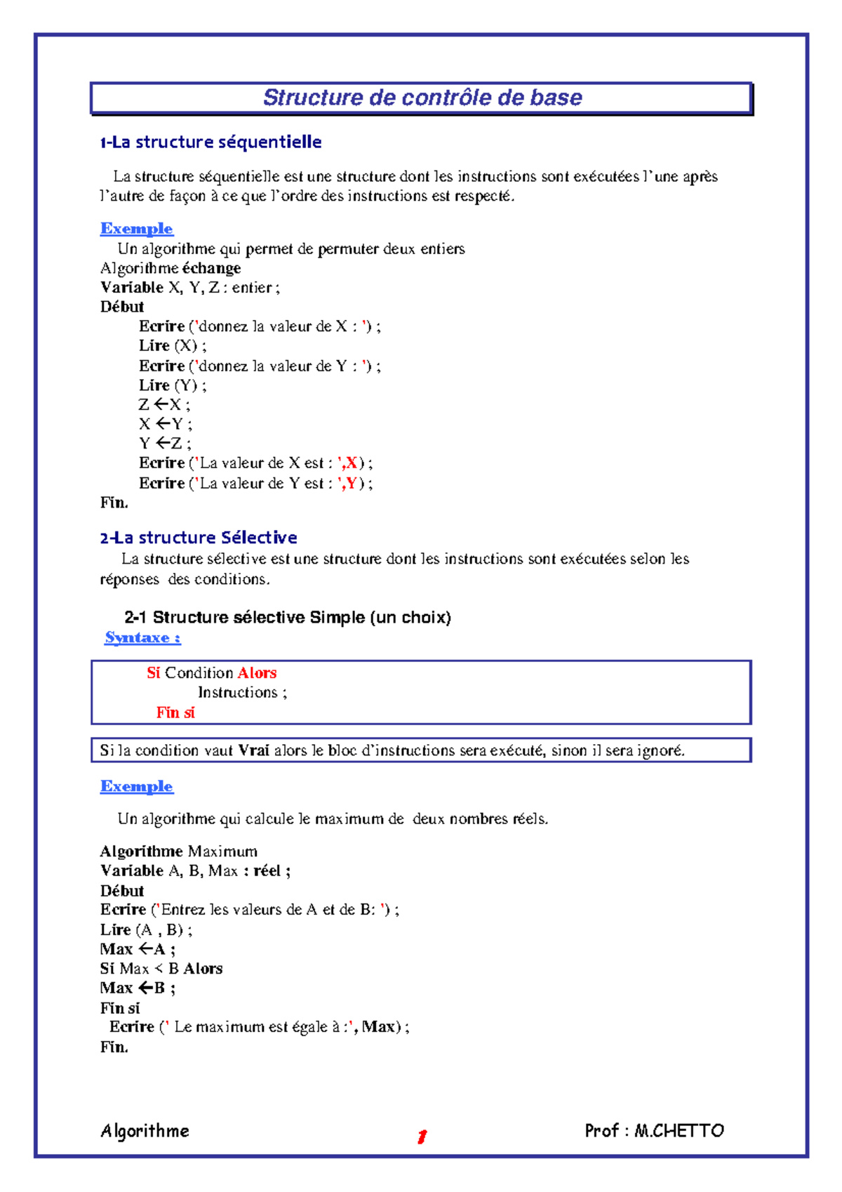 2structures de controle de base - Structure de contrôle de base 1-La - Studocu