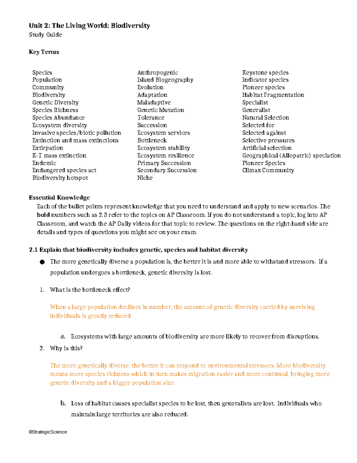 Unit 2 Study Guide Student - Unit 2: The Living World: Biodiversity ...