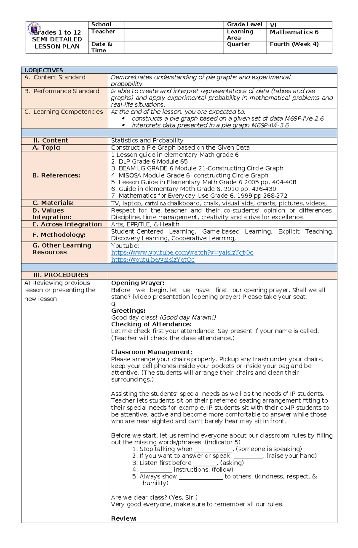 MATH 6 Lesson Plan: Teaching Pie Graphs & Experimental Probability ...