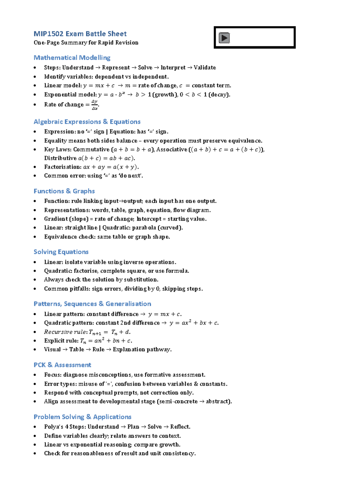 MIP1502 Exam Battle Sheet: Key Concepts in Math Modelling & Patterns ...