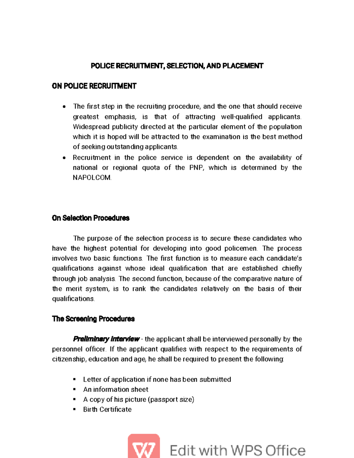 Police Recruitment, Selection, AND Placement - POLICE RECRUITMENT ...
