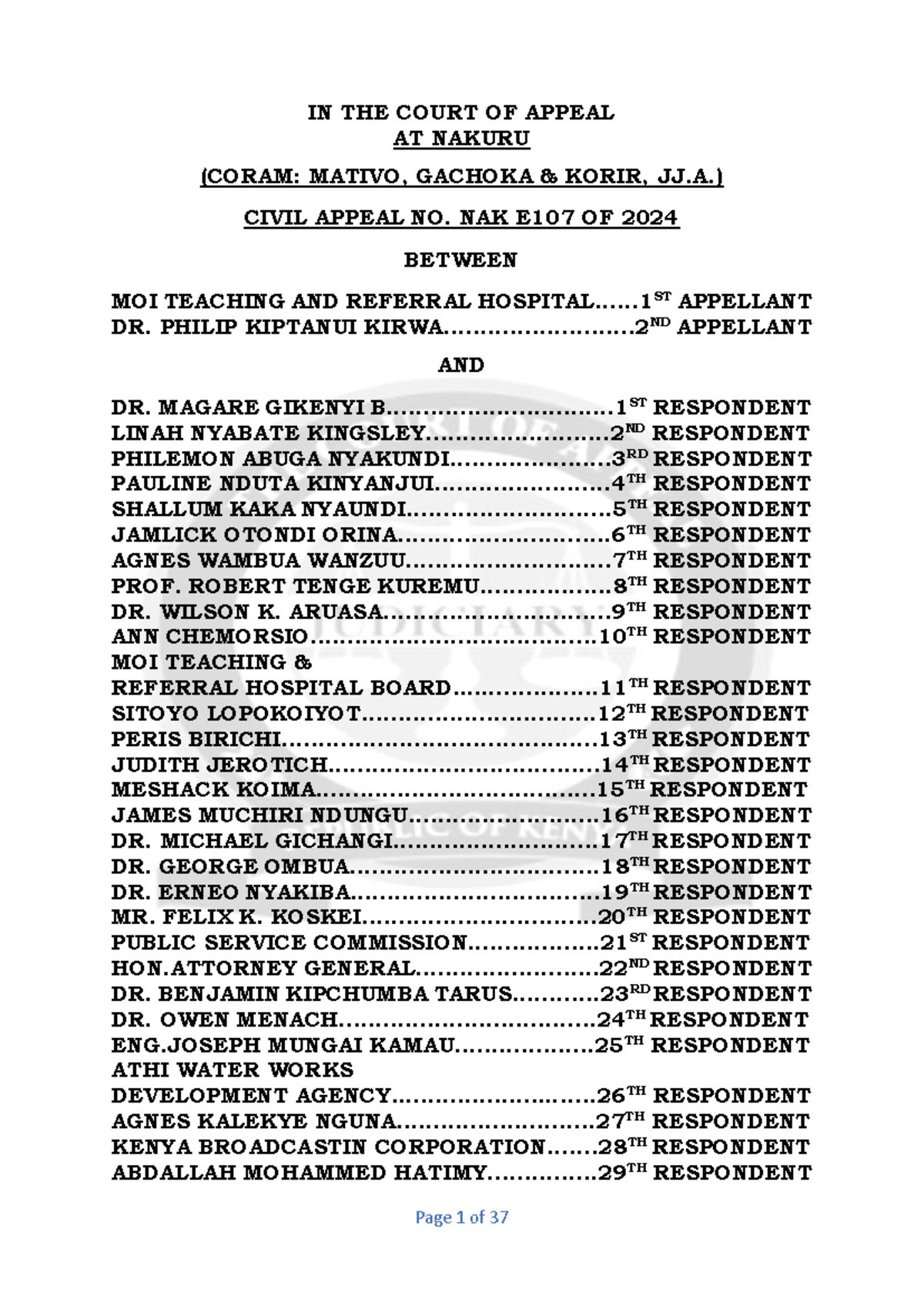 Judgment on Civil Appeals E107 & E116 of 2024: MTRH vs. Dr. Magare ...