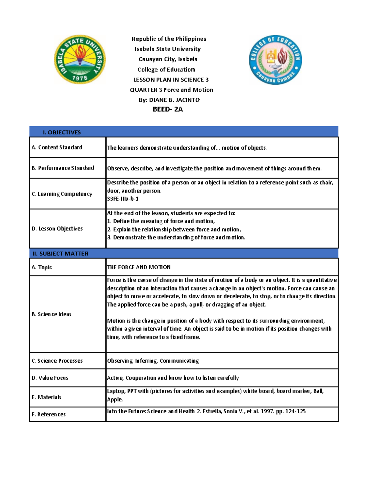 Detailed Lesson Plan for Science 3 - Force and Motion (BEED-2A) - Studocu
