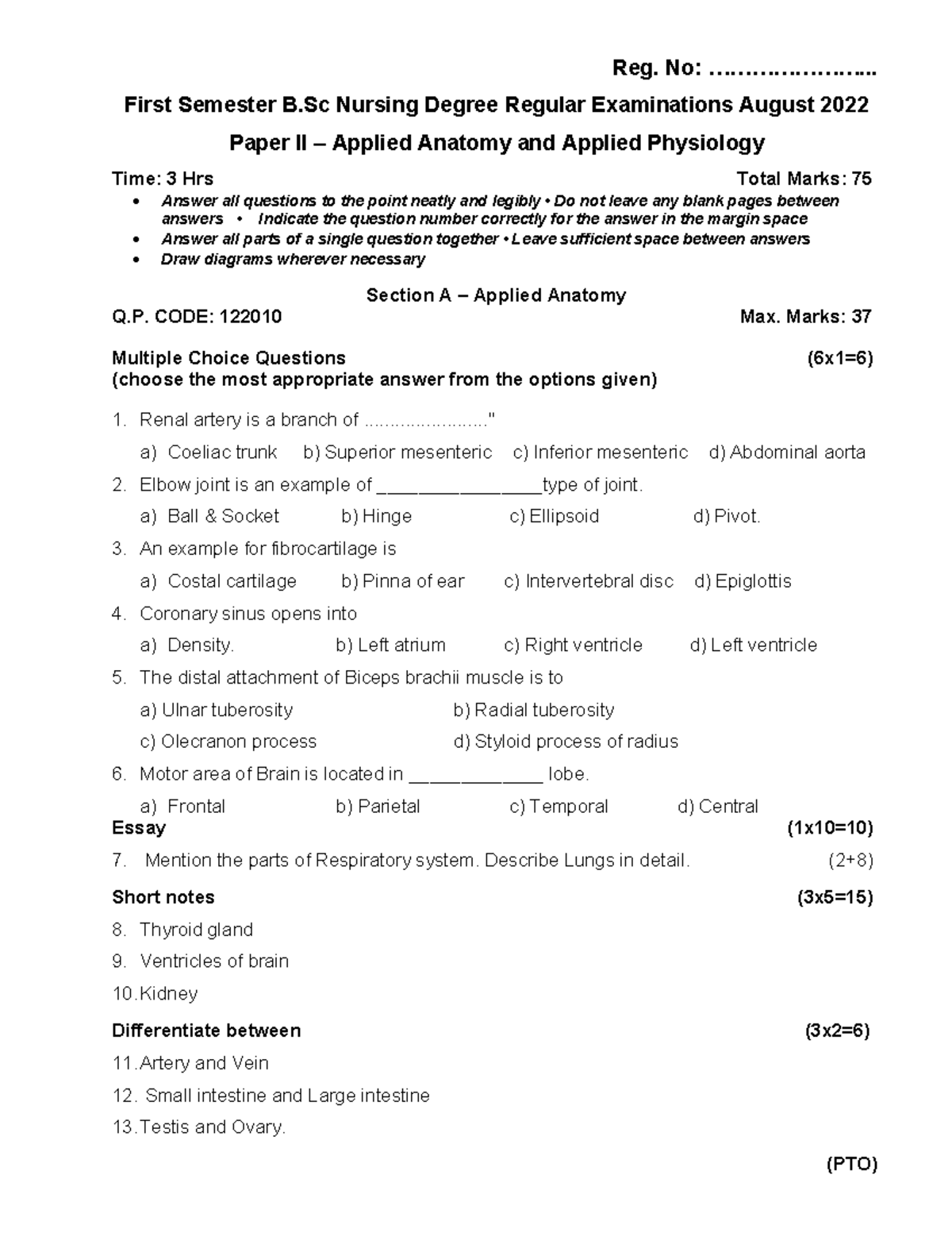 122010 - B.Sc Nursing 1st Sem Exam Aug 2022: Anatomy Paper II - Studocu