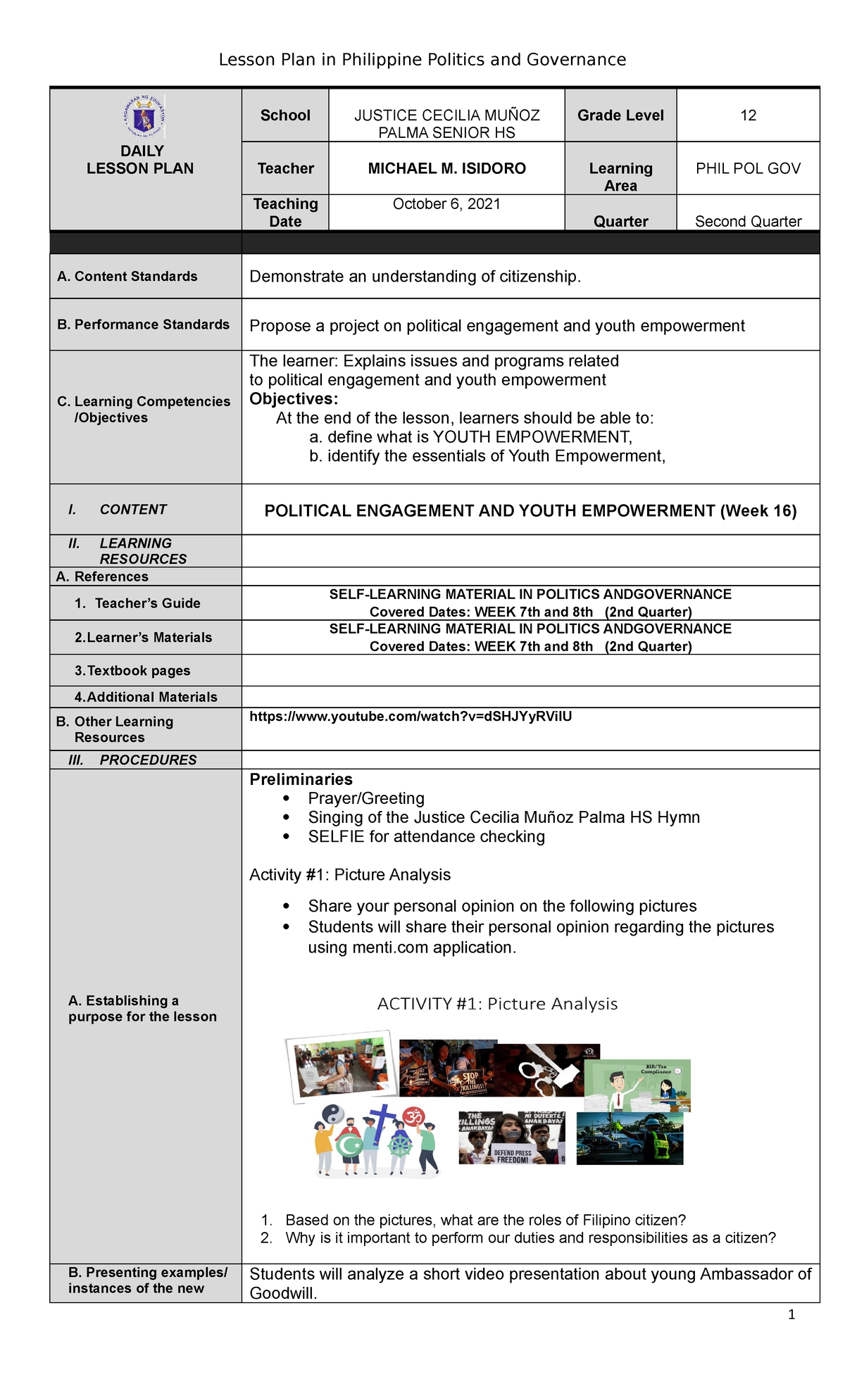 Lesson-Plan-in-pol Gov youth empowerment Michael Isidoro Principles of ...