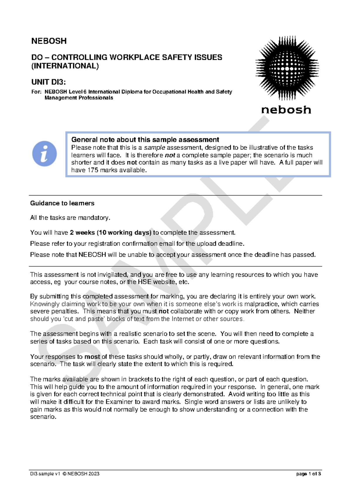 NEBOSH DI3: Sample Assessment for Workplace Safety Management - Studocu