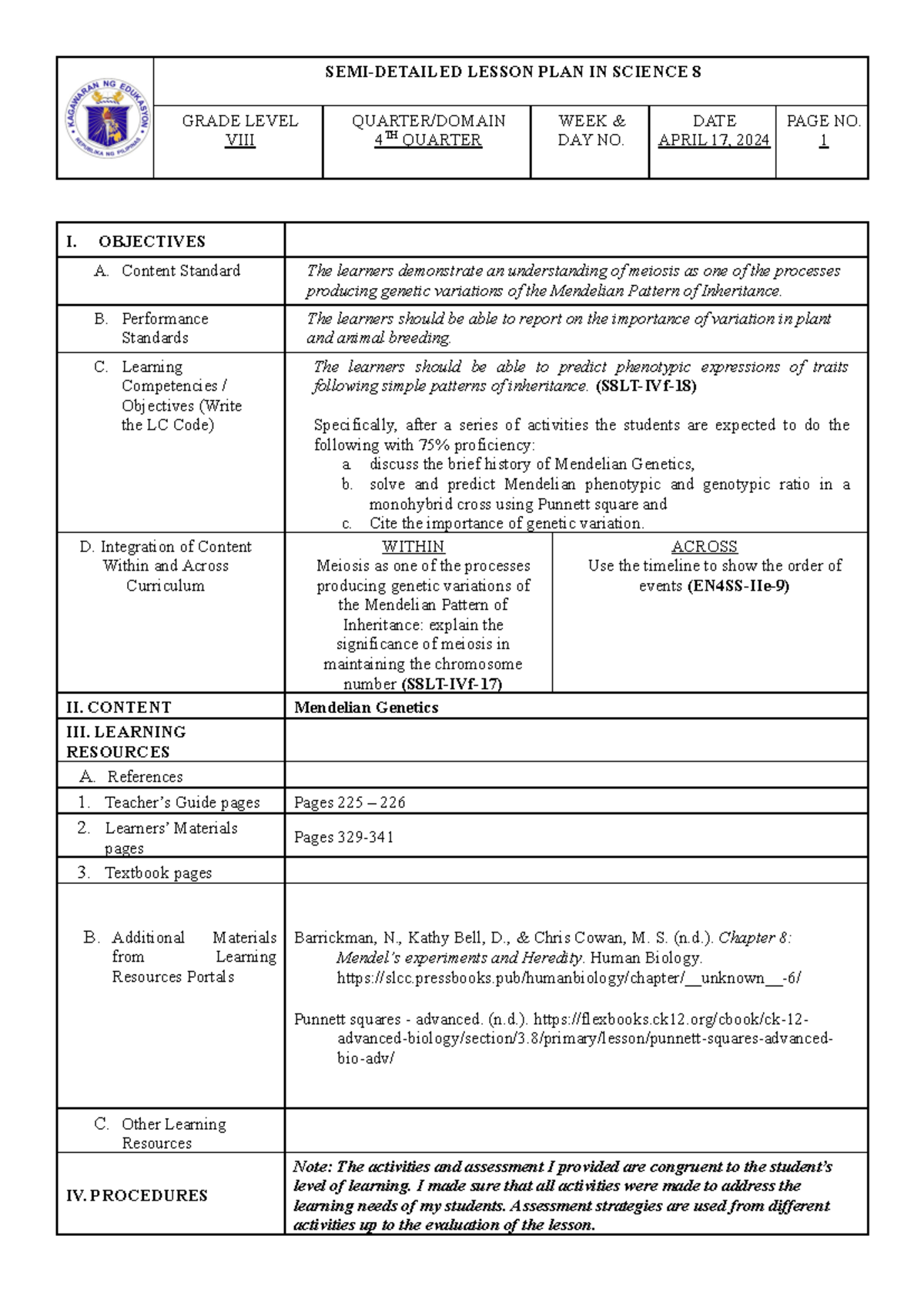 Sample Semi-Detailed Lesson Plan on Mendelian Genetics (Science 8-1 ...