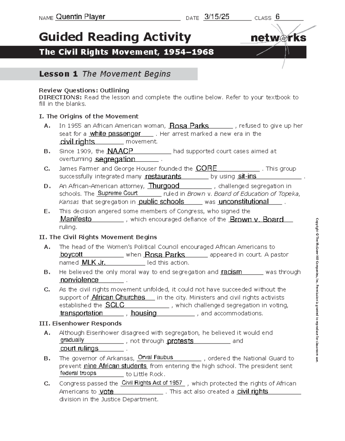 Guided Reading Activity: U.S. Civil Rights Movement (1954–1968) - Studocu