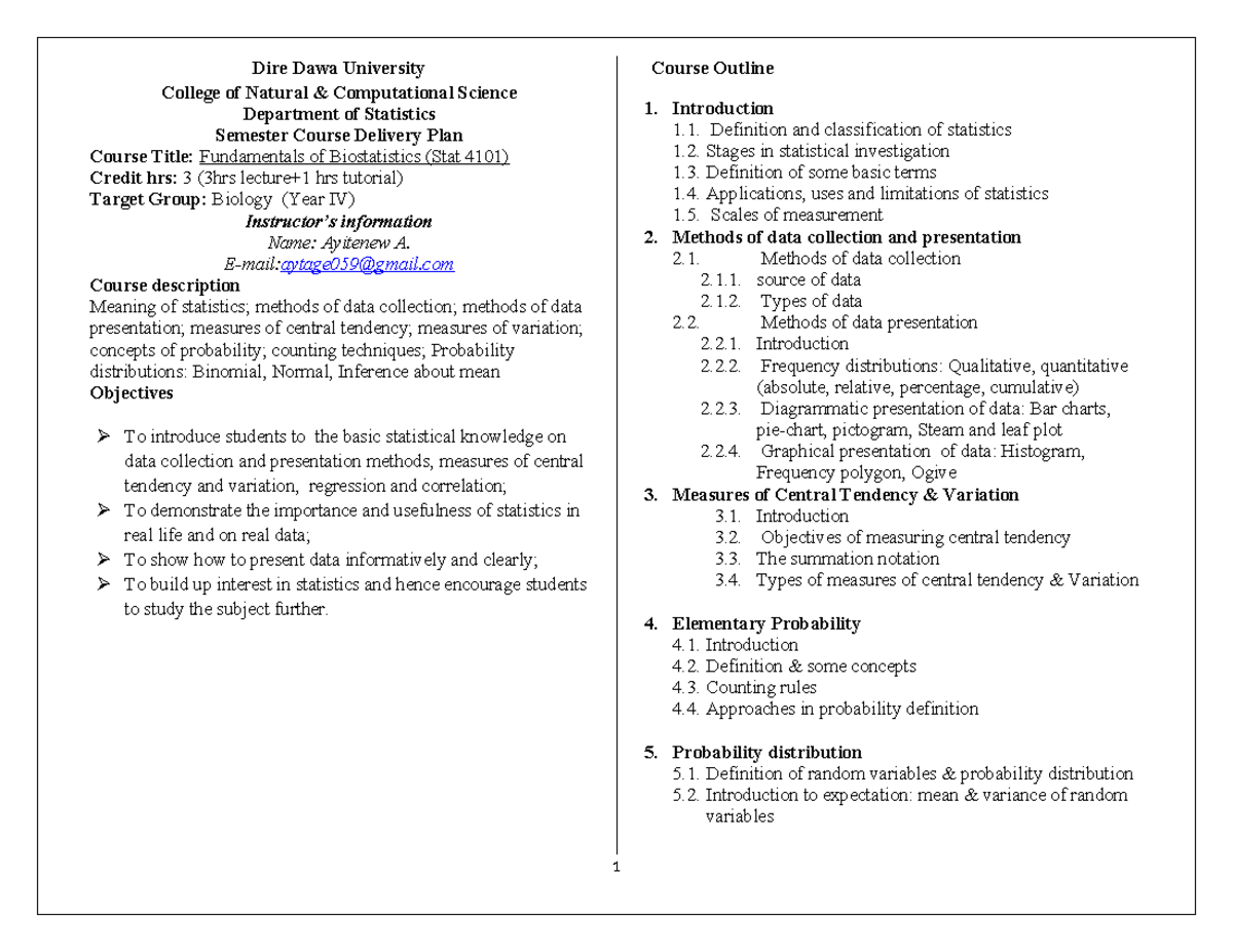 Stat 4101 Course Outline: Fundamentals of Biostatistics Guide - Studocu