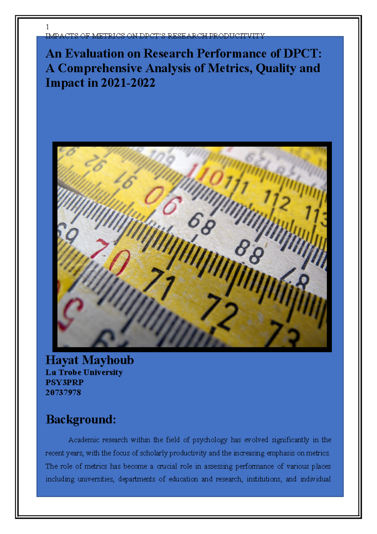 PSY3PRP Final Assignment: Evaluating DPCT Research Metrics (2021-2022 ...