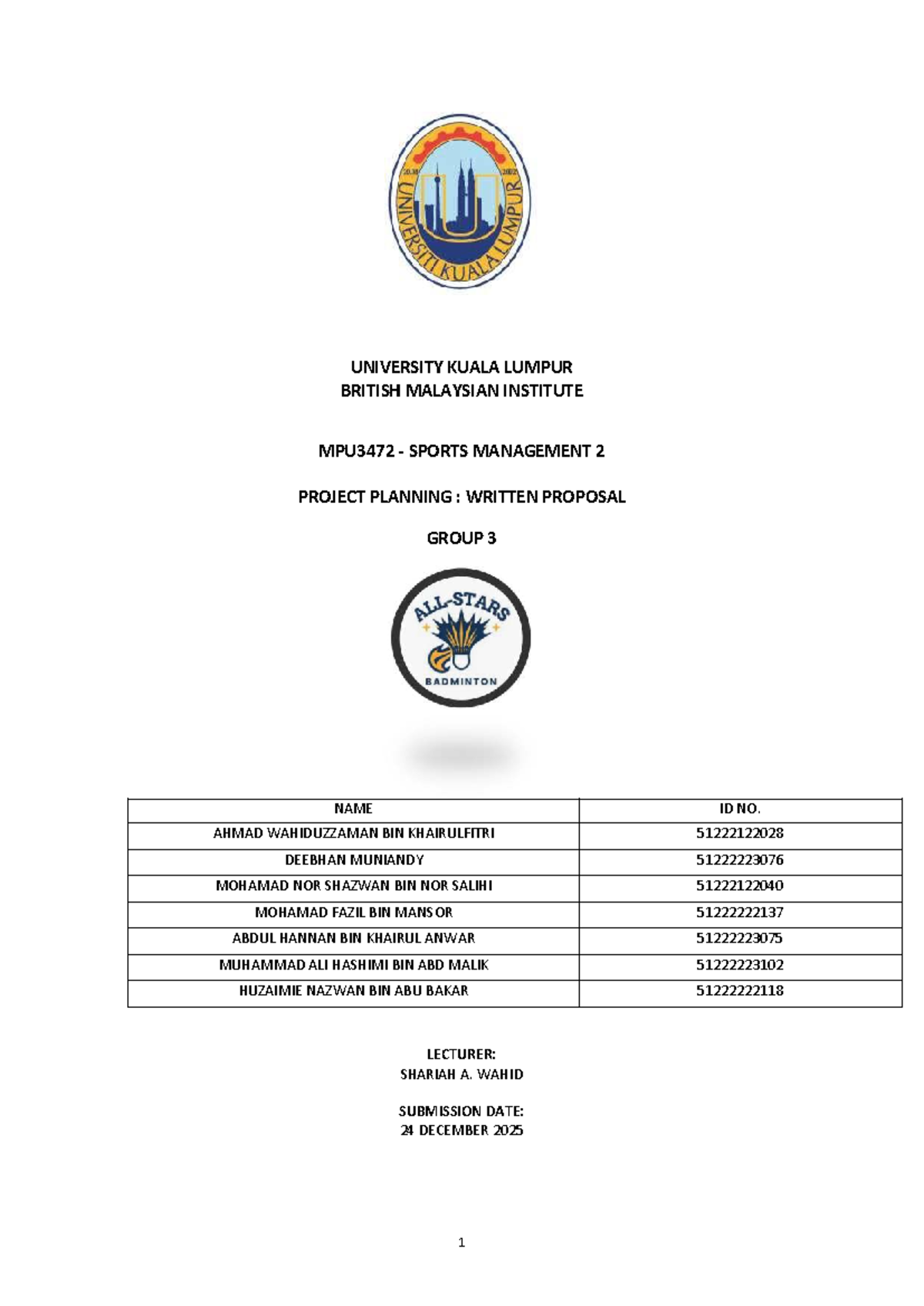 MPU3472 Sports Management 2: Badminton Mini Sports Event Proposal - Studocu